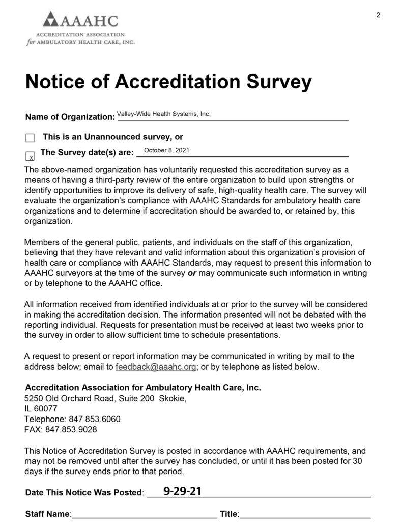 AAAHC Accreditation Survey - Valley-Wide Health